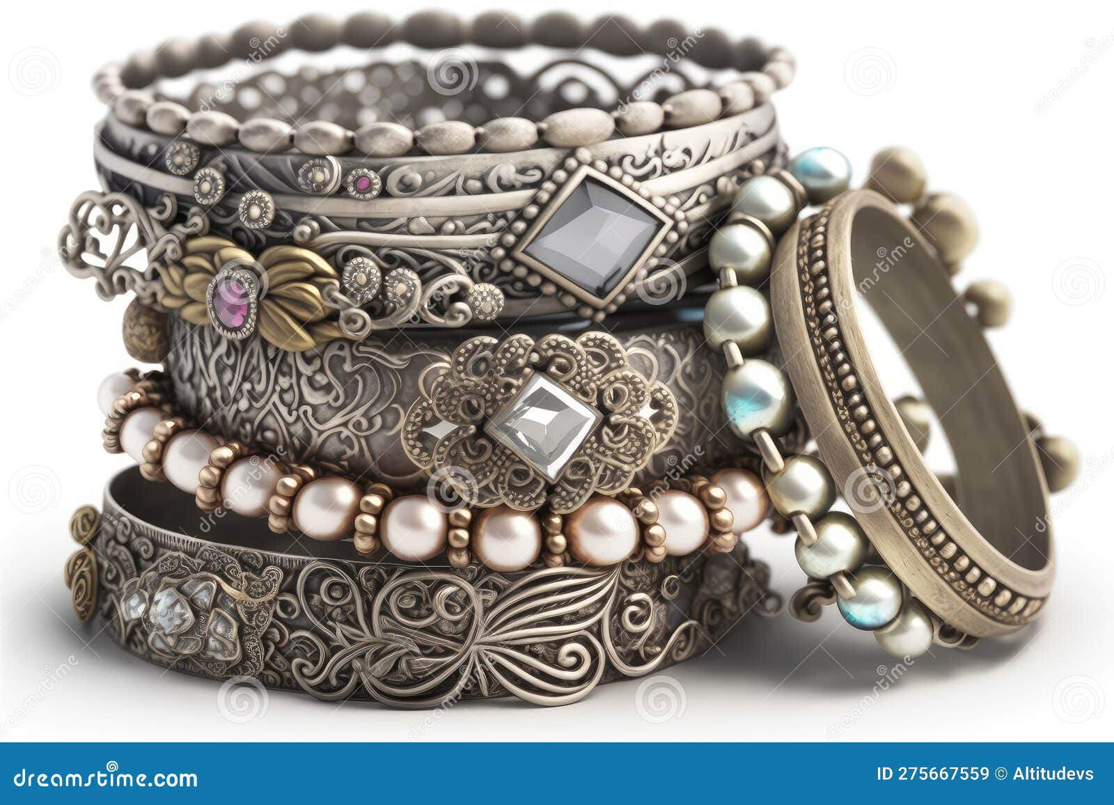 Stack of Delicate and Intricate Bracetes on White Background Stock ...