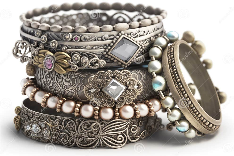 Stack of Delicate and Intricate Bracetes on White Background Stock ...