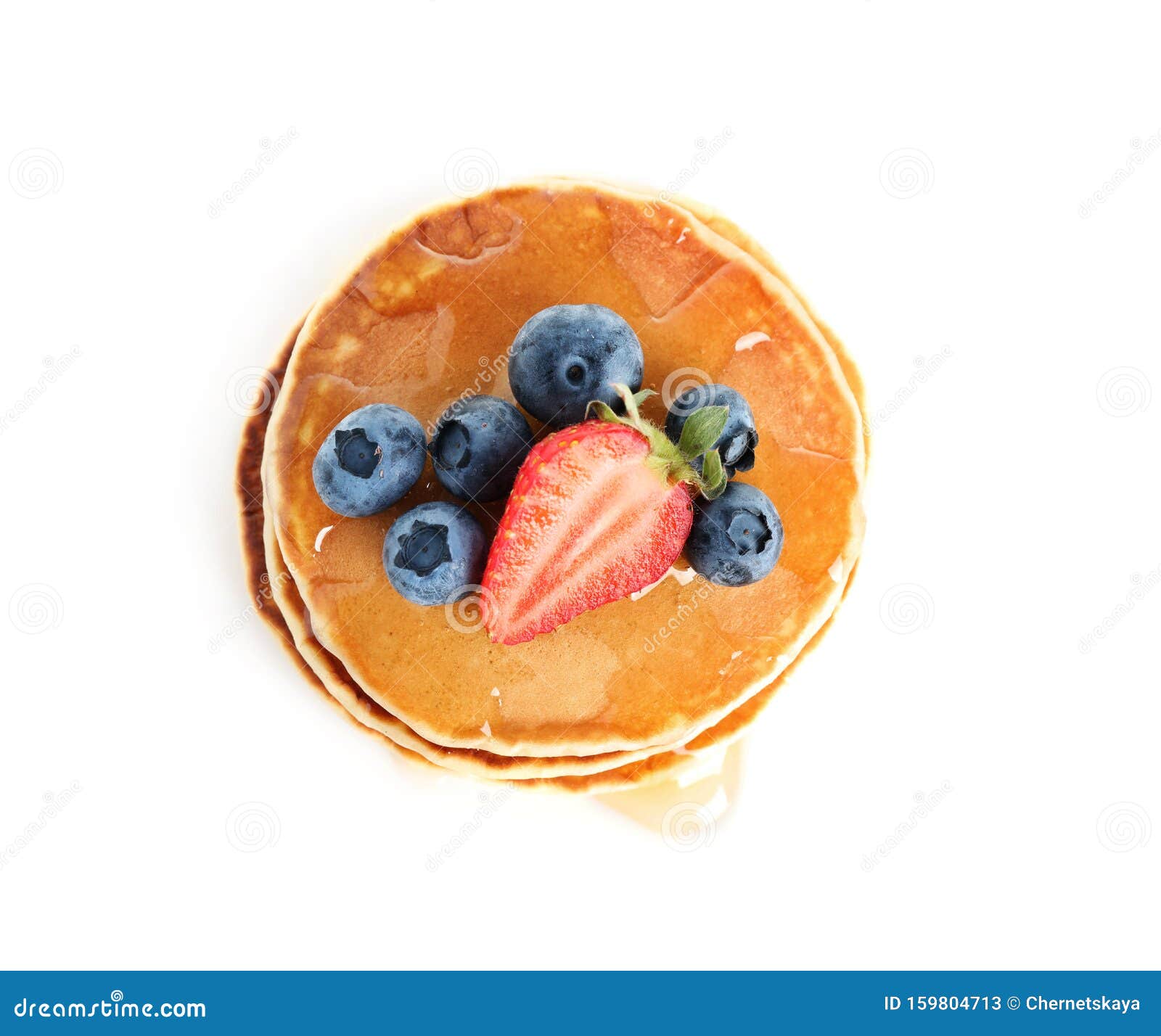Stack of Delicious Pancakes with Fresh Berries and Syrup on White ...