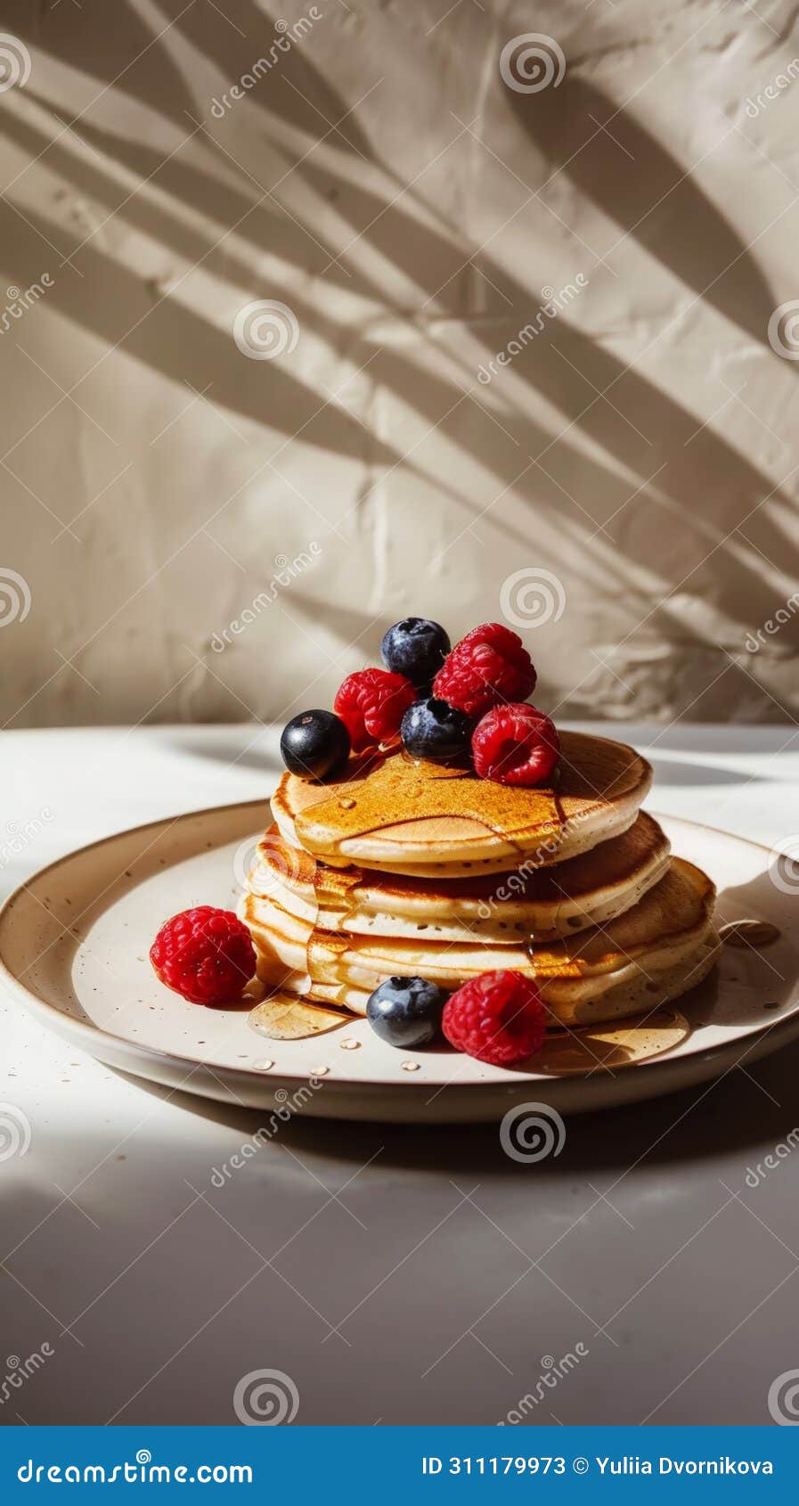 Stack of Delicious Pancakes with Raspberries and Blueberries, Syrup ...