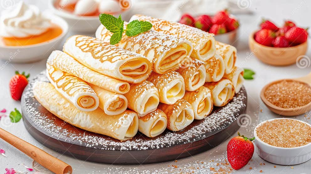 A Stack of Delicious Rolled Crepes with Powdered Sugar and Fresh Fruit ...
