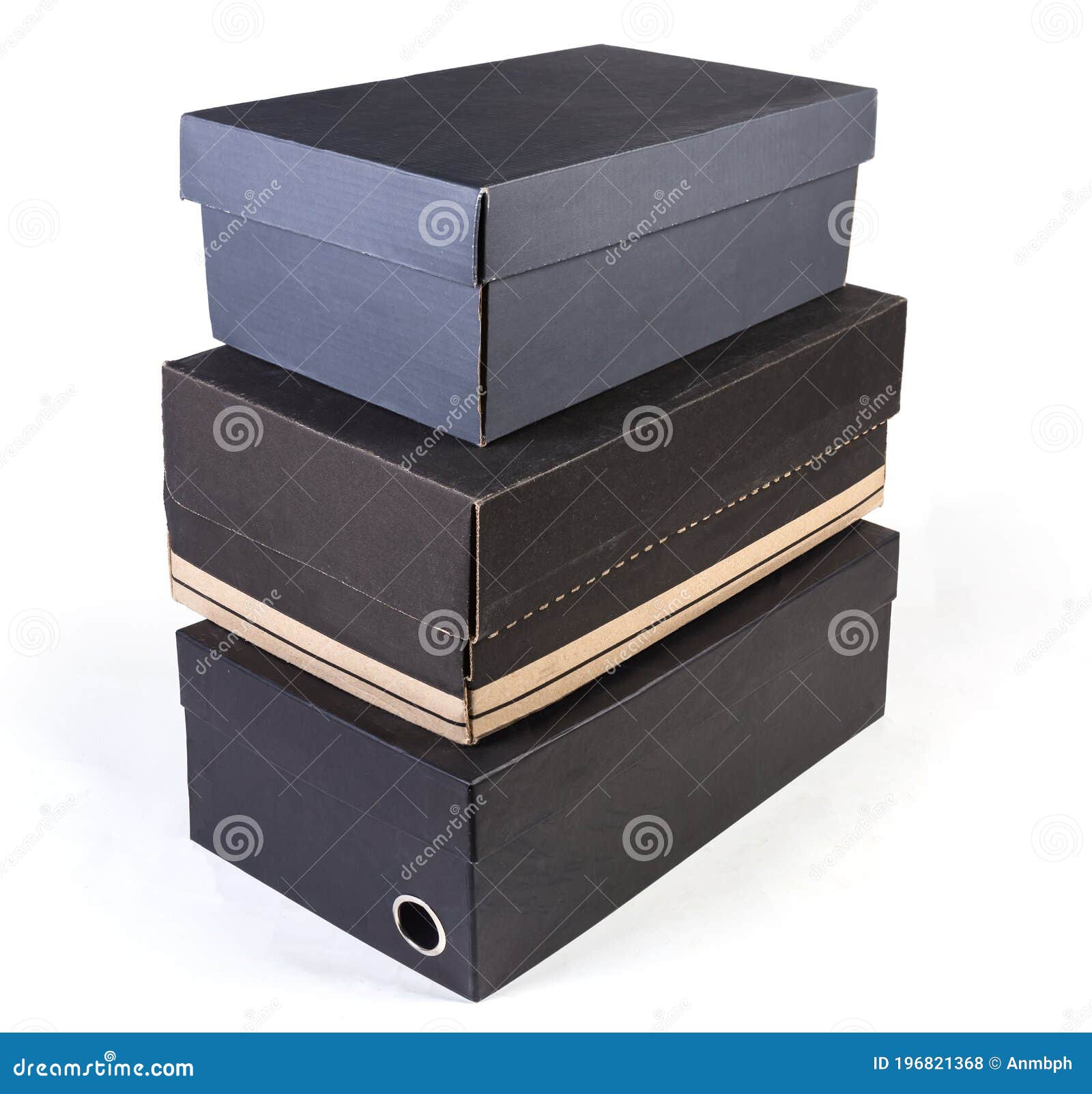 Stack of Different Black Cardboard Shoe Boxes on White Background Stock ...