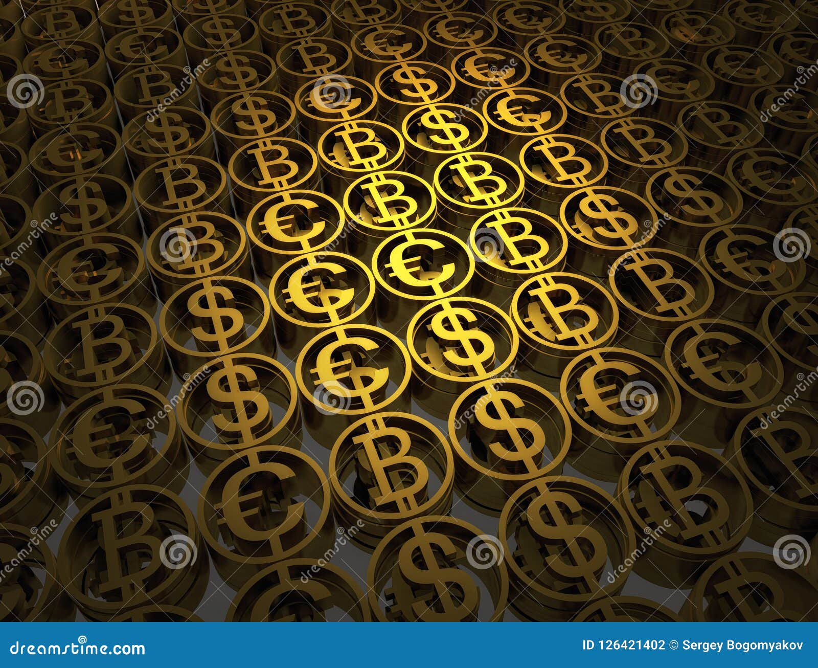 Stack of Different Coins Contains of Bitcoin, Dollar and Euro. Success ...