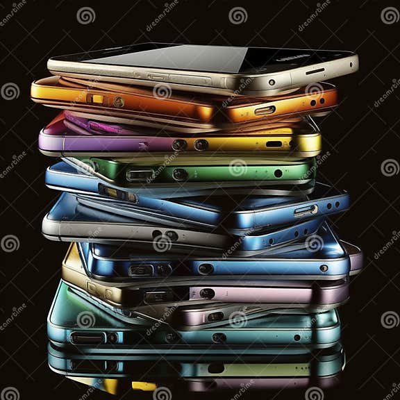 A Stack of Different Colored Mobile Phones on a Black Background Stock ...