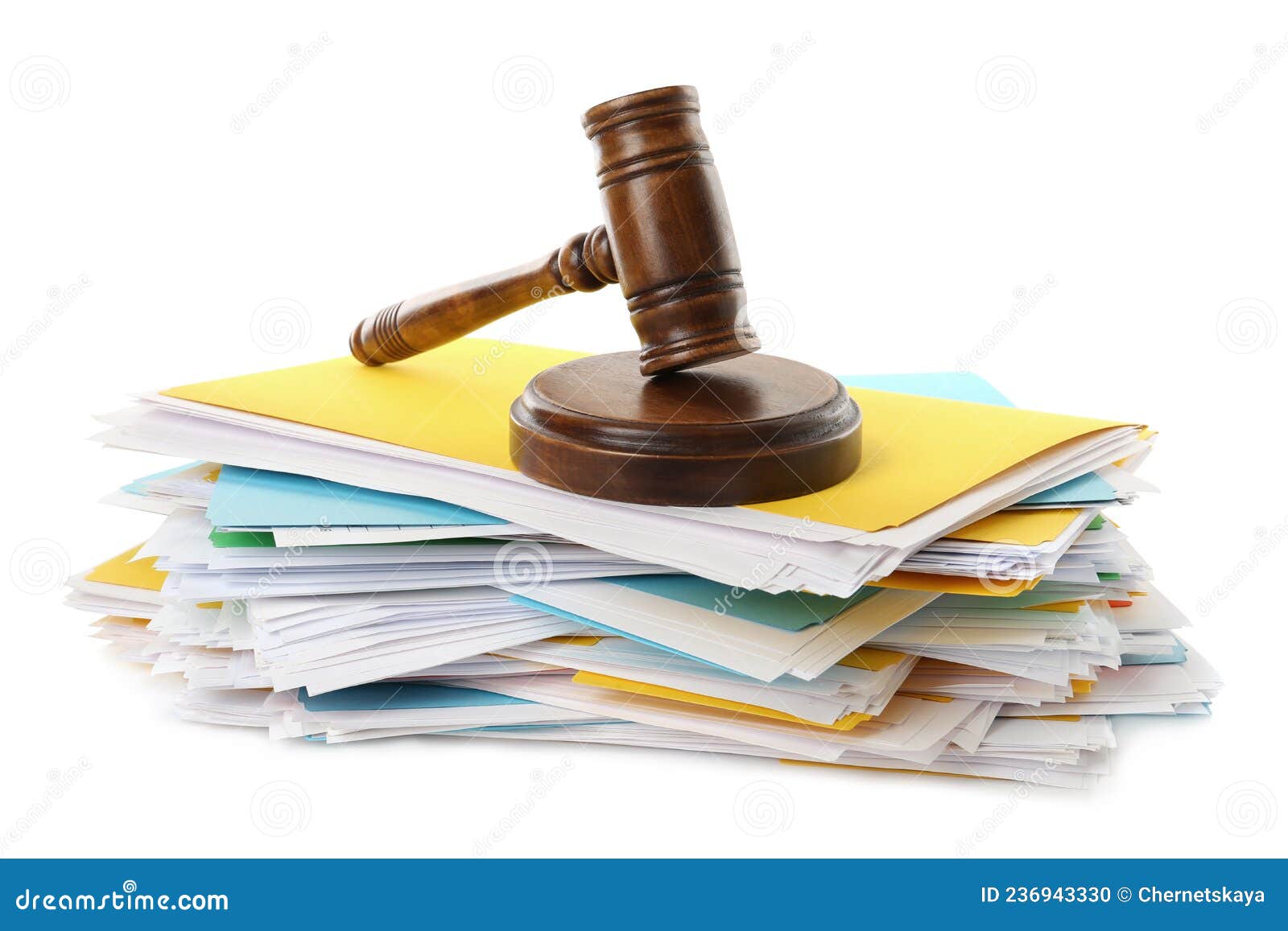 Stack of Different Files with Documents and Gavel on White Background ...