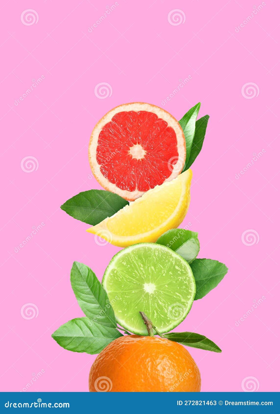 Stack of Different Fresh Citrus Fruits with Green Leaves on Pink ...