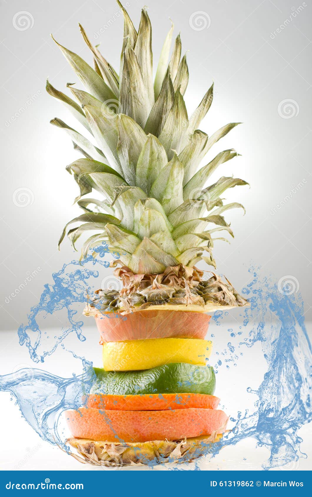 Stack of Different Fruit Slices Splashed by Water, Concept for Health ...