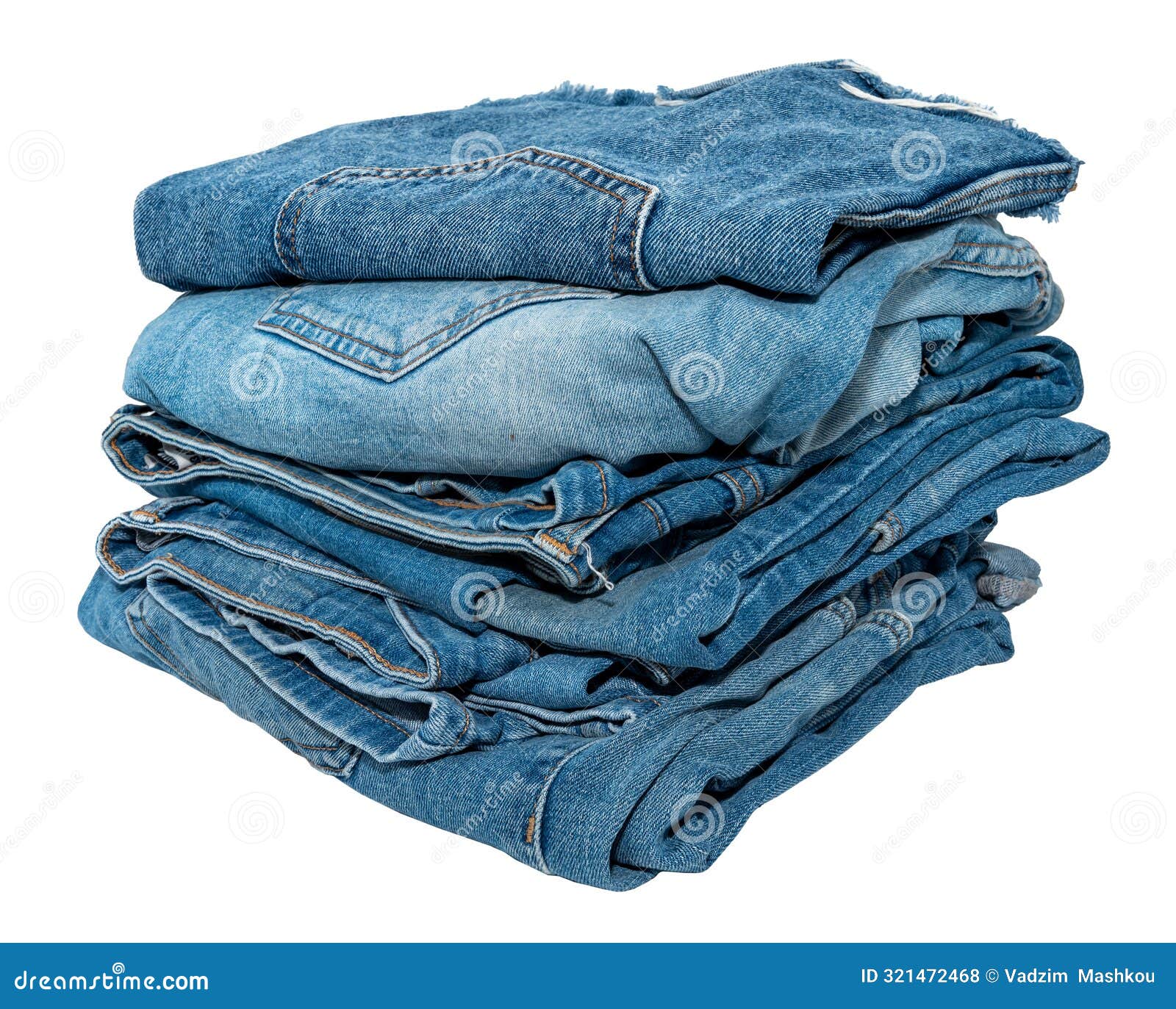 Stack of Different Jeans on a White Background. Denim Background ...