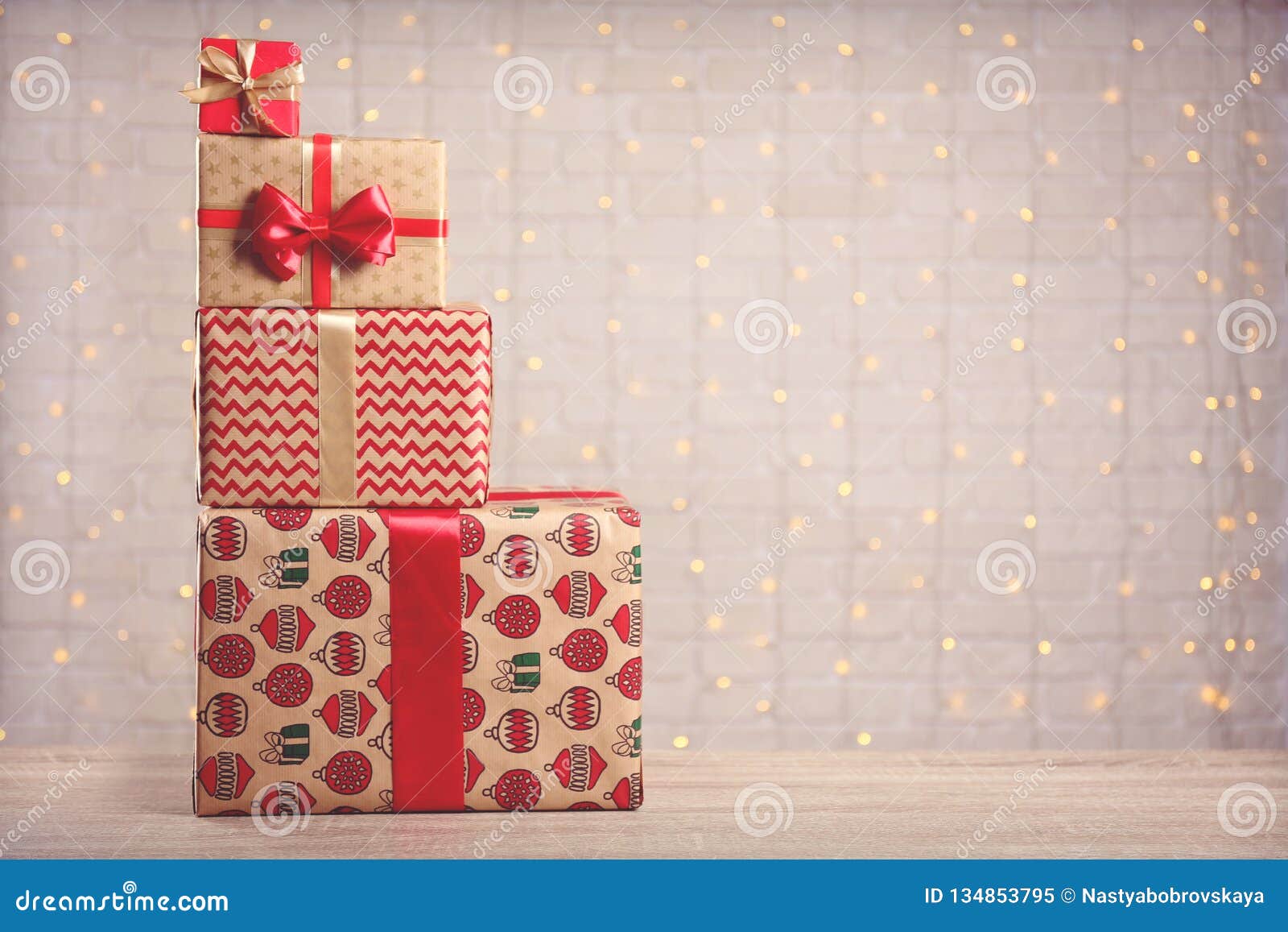 Stack of Different Presents on Festive Background Stock Image - Image ...