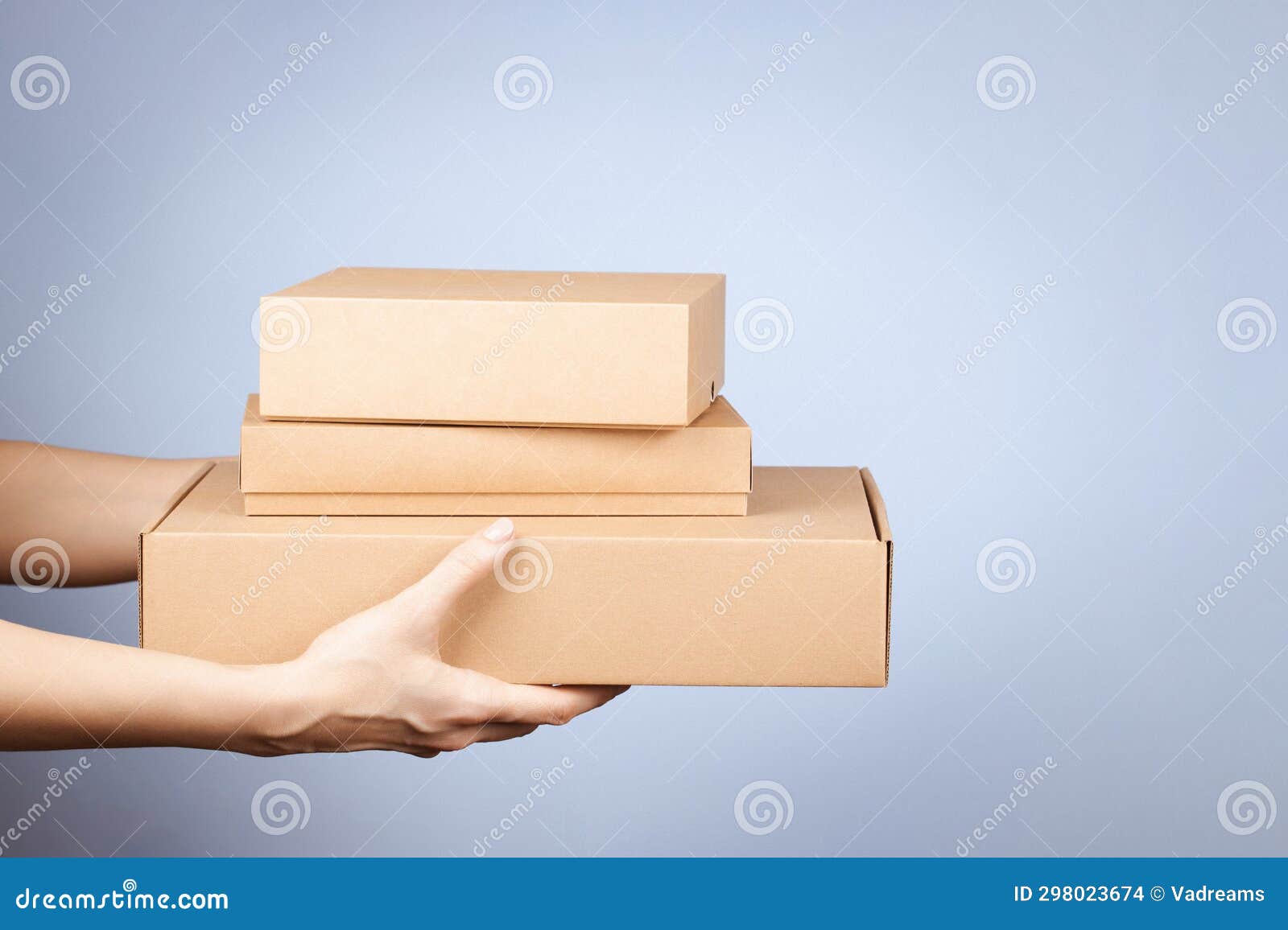 Stack of Different Size Cardboard Boxes in Female Hands. Blank Brown ...