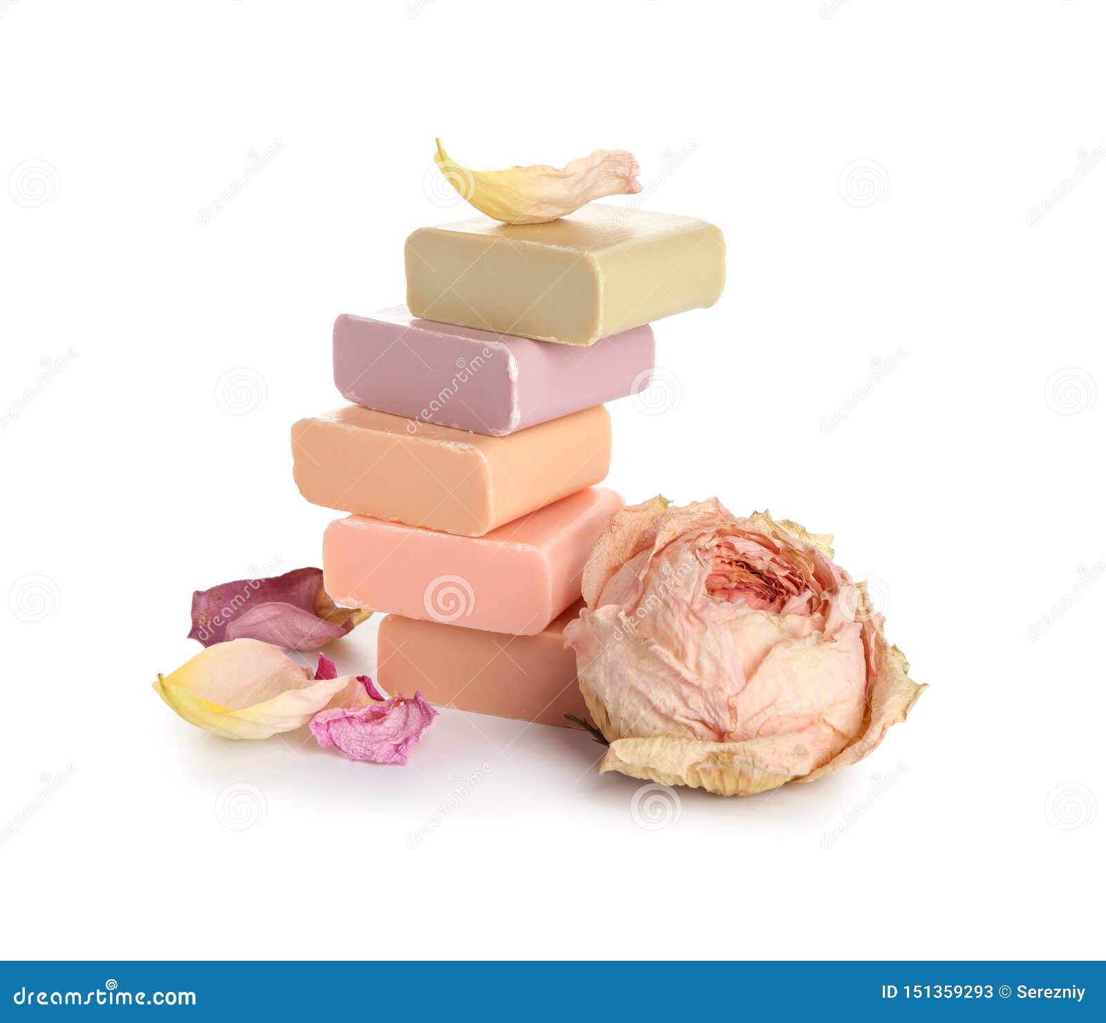 Stack of Different Soap Bars with Rose on White Background Stock Image ...