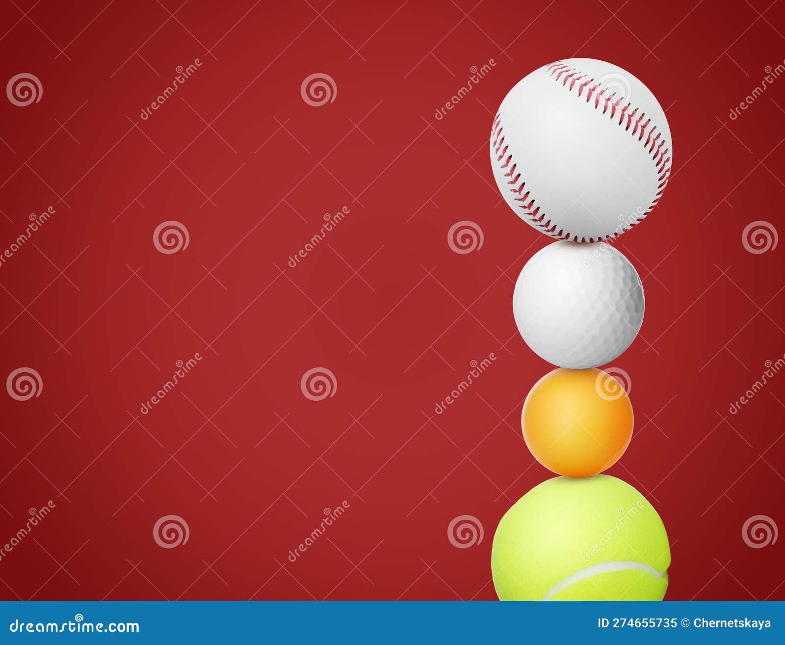 Stack of Different Sport Balls on Red Background, Space for Text Stock ...
