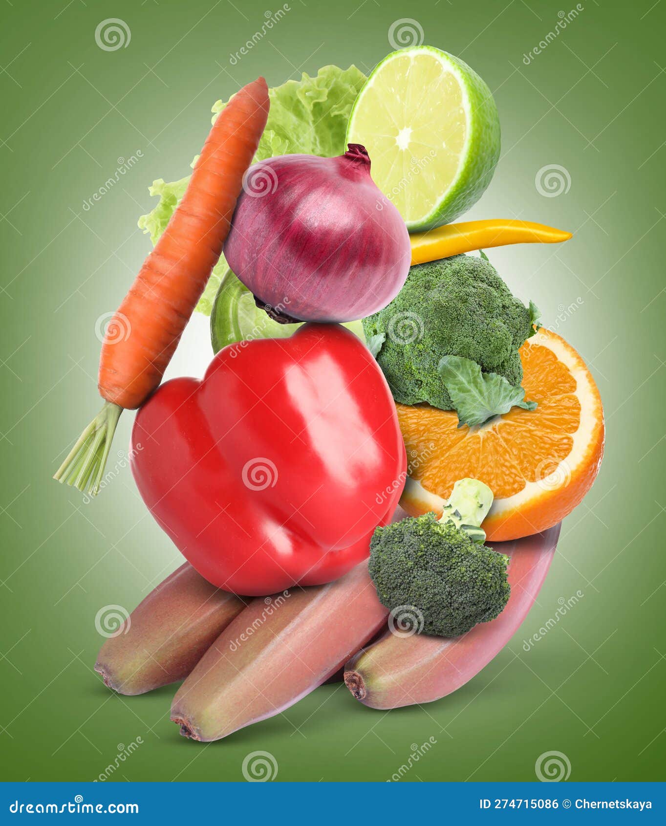 Stack of Different Vegetables and Fruits on Pale Green Background Stock ...