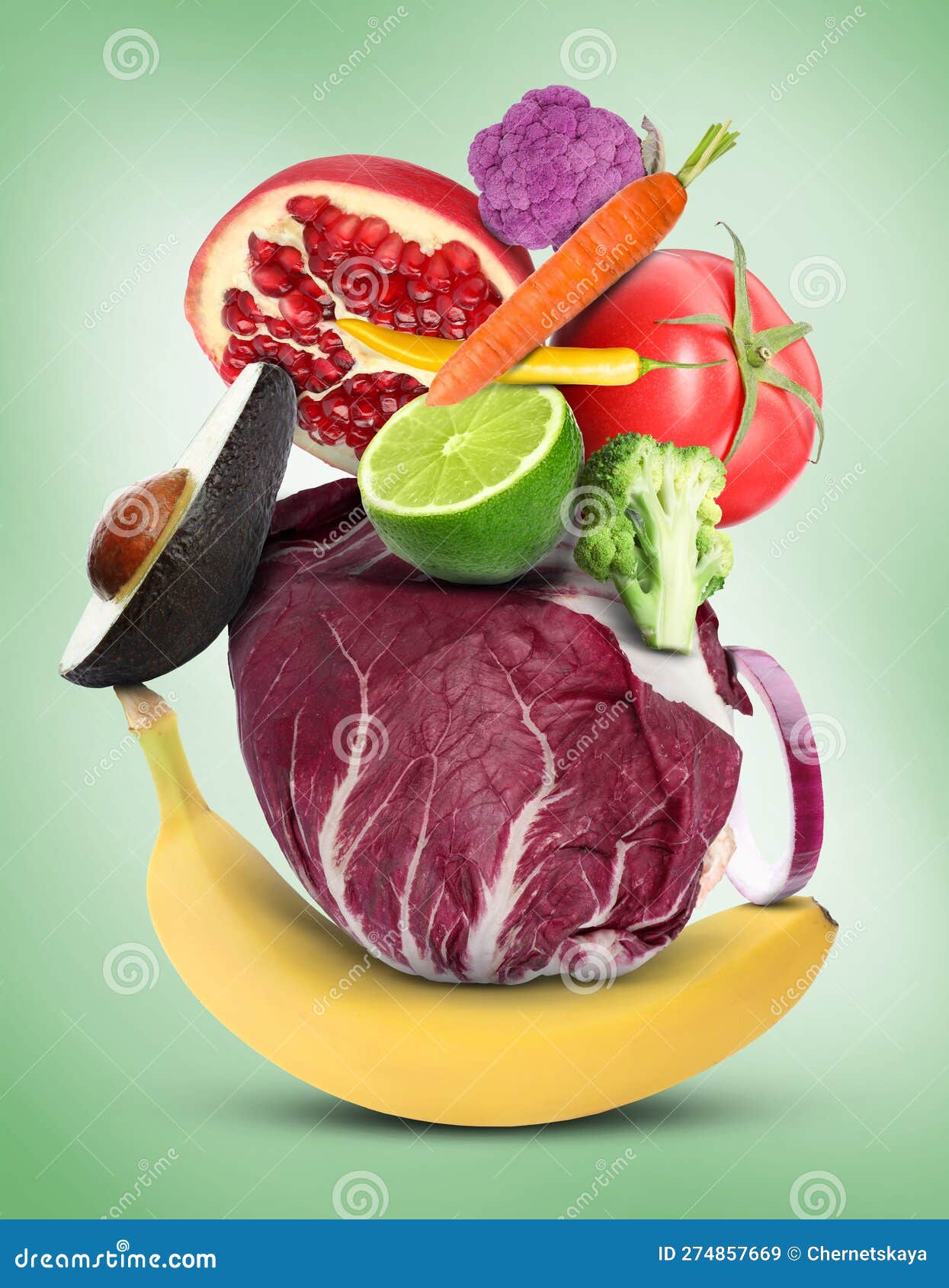Stack of Different Vegetables and Fruits on Pale Light Green Background ...