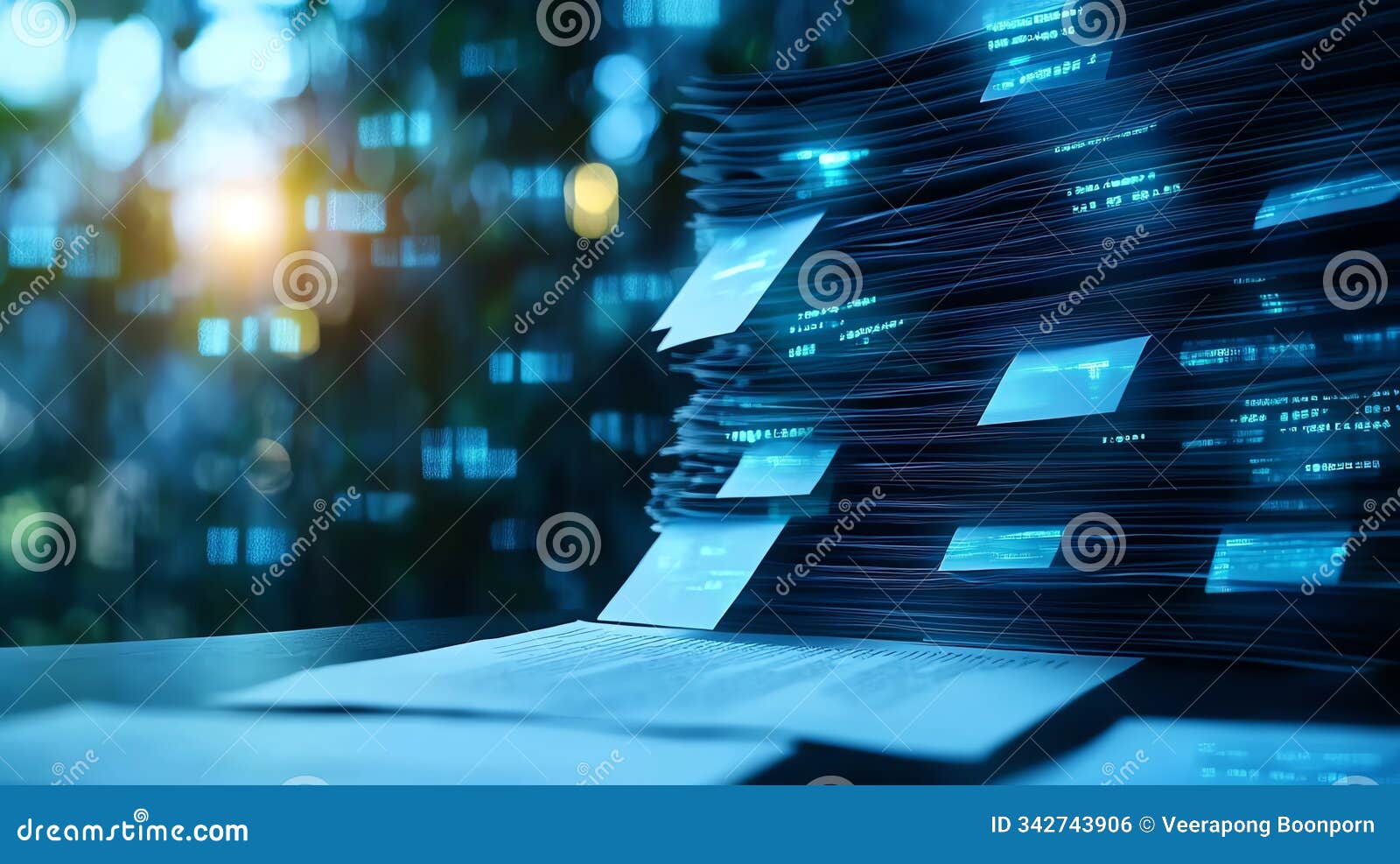 Stack of Digital Documents with Glowing Blue Data Background Stock ...