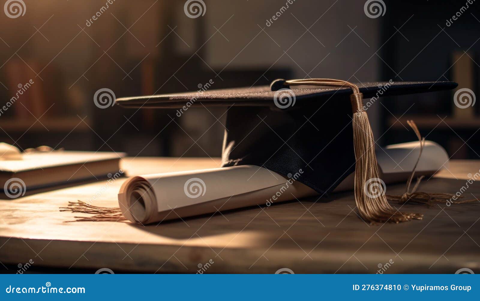 Stack Of Diplomas On Antique Bookshelf Background Stock Photo ...