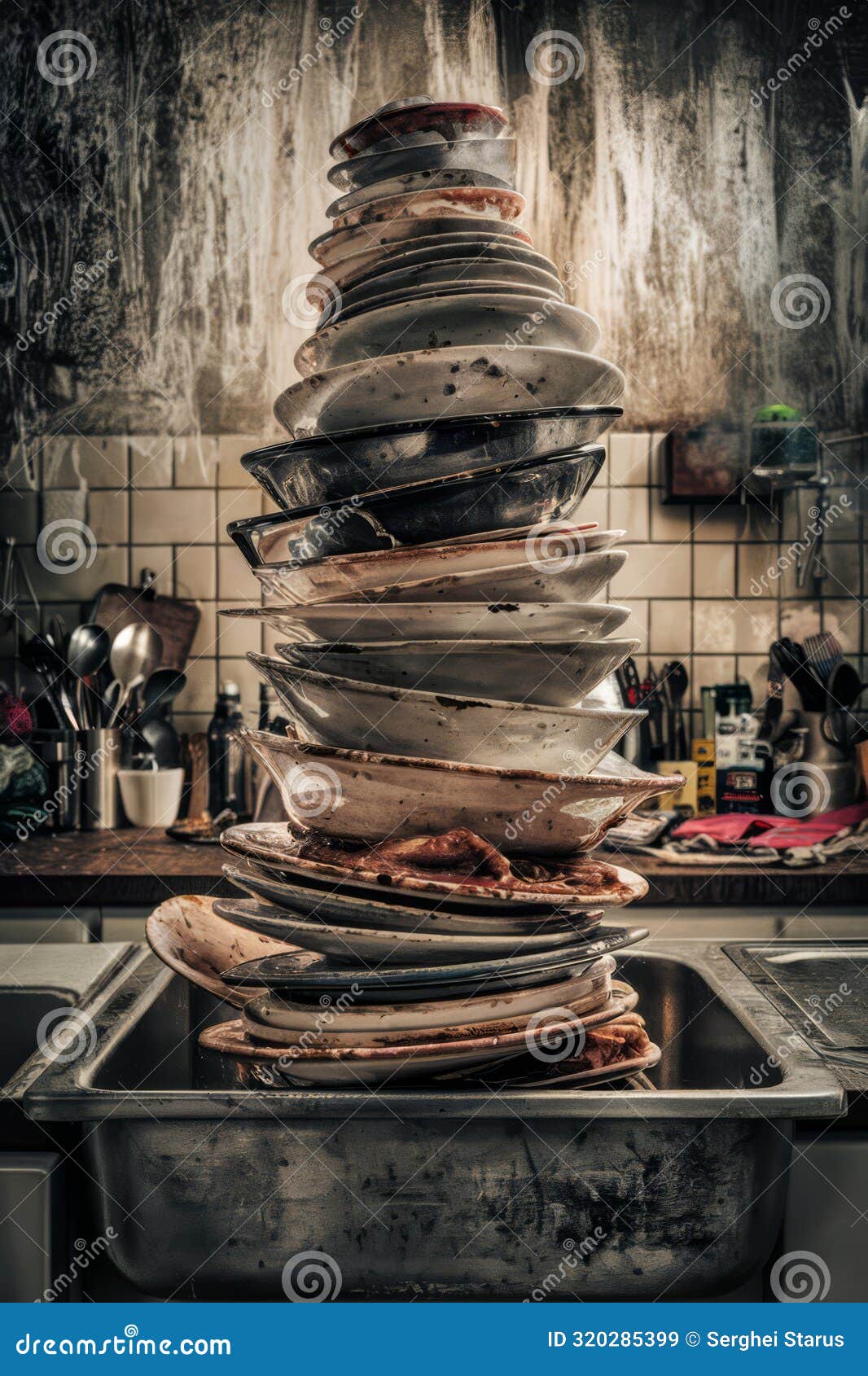 A Stack of Dirty Dishes in a Sink with the Kitchen Counter, AI Stock ...