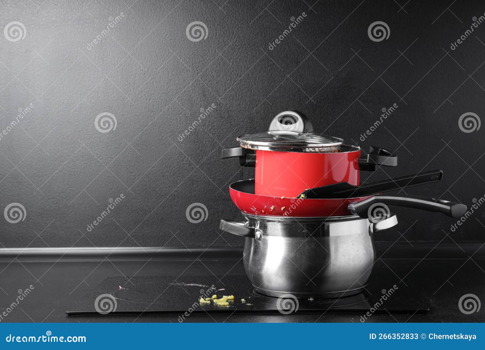 Stack of Dirty Kitchenware on Cooktop in Kitchen, Space for Text Stock ...