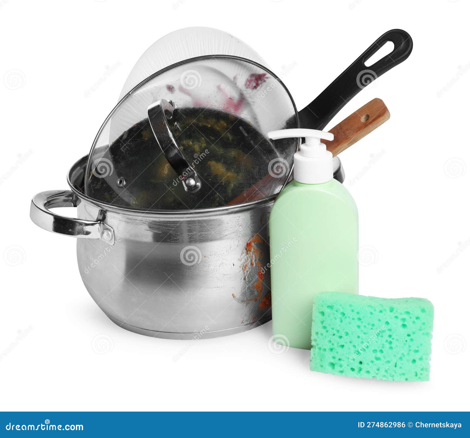 Stack of Dirty Kitchenware, Dish Detergent and Sponge on White ...