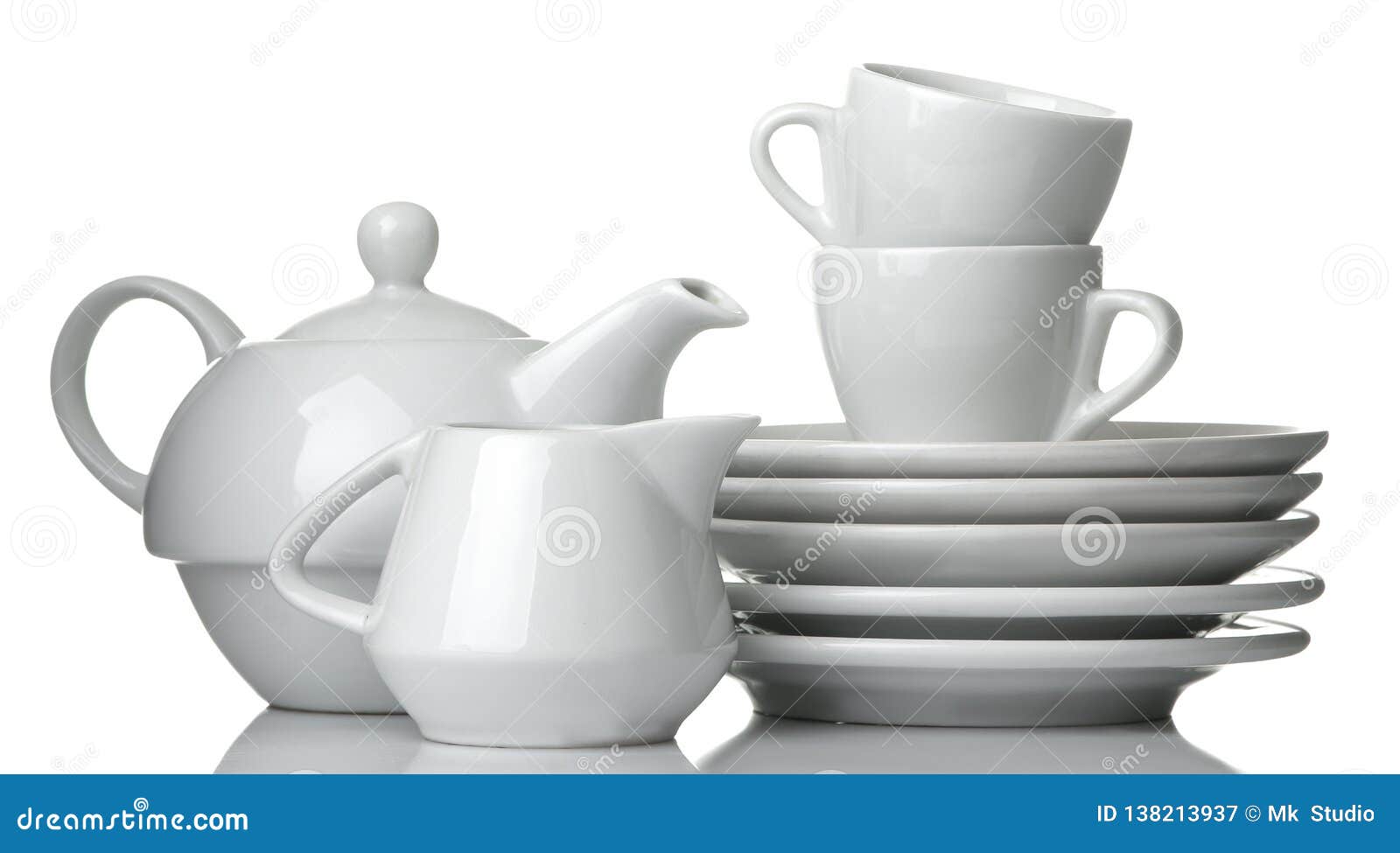 A Stack of Dishes. Dinnerware. Plates, Kettle and Cup on a White ...