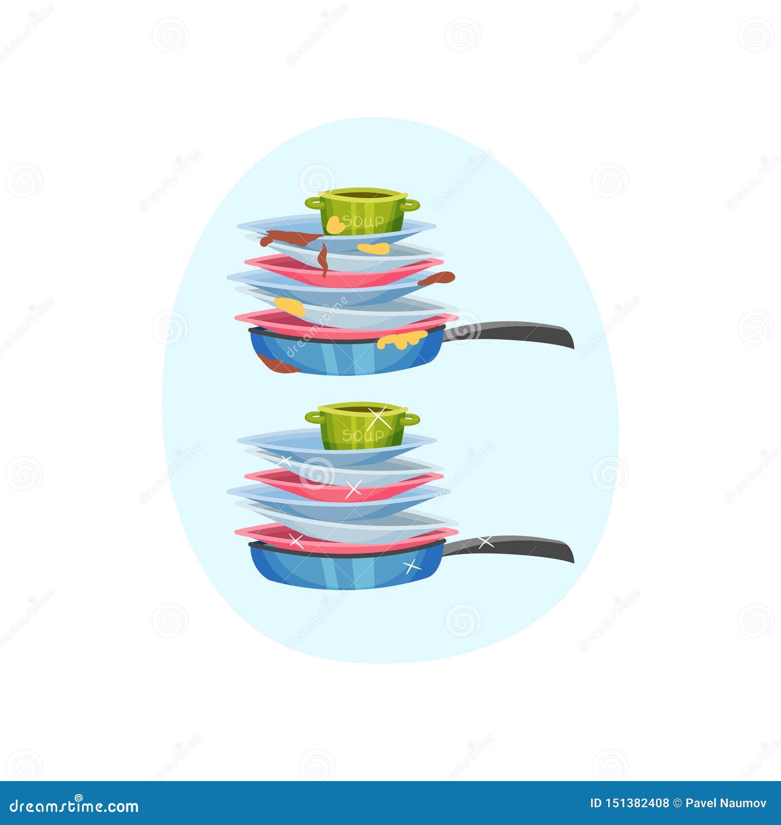 Stack of Dishes in the Pan. Vector Illustration on Blue Oval Shape ...