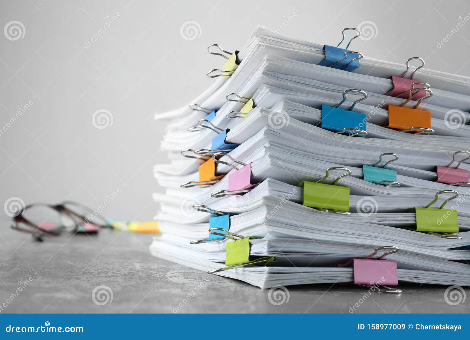 Stack of Documents with Binder Clips on Grey Table, Closeup View. Space ...