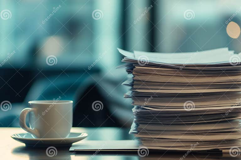 Stack of Documents and Coffee Cup on Office Table in Soft Focus ...