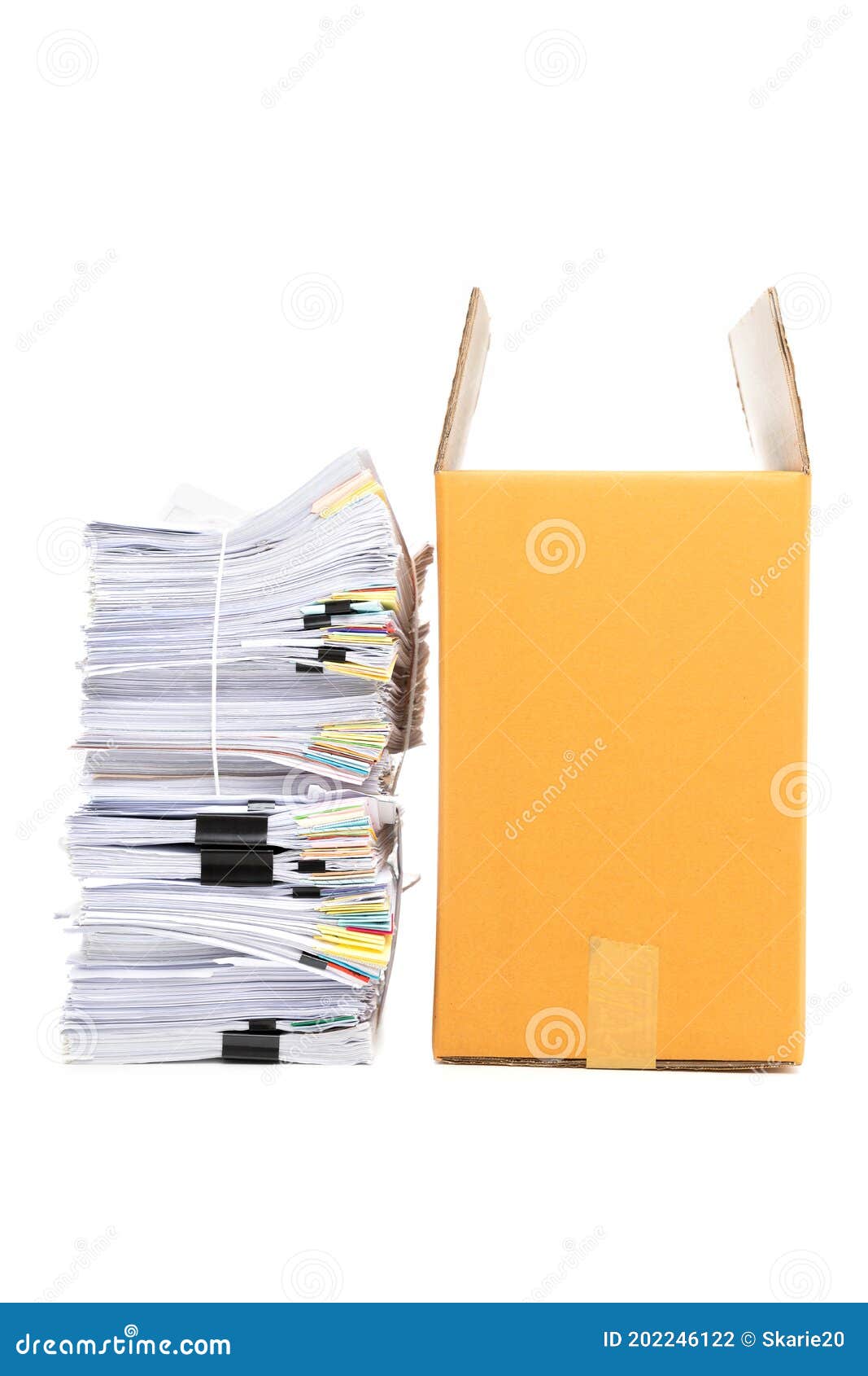 Stack of Documents and Corrugated Cardboard Box Isolated on White ...