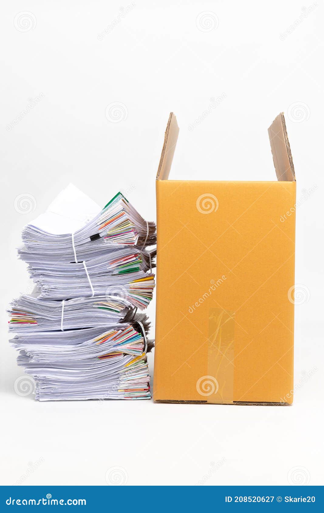 Stack of Documents and Corrugated Cardboard Box Isolated on White ...