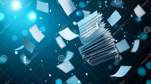 Stack of Documents and Loose Pages Float in Digital Blue Space ...