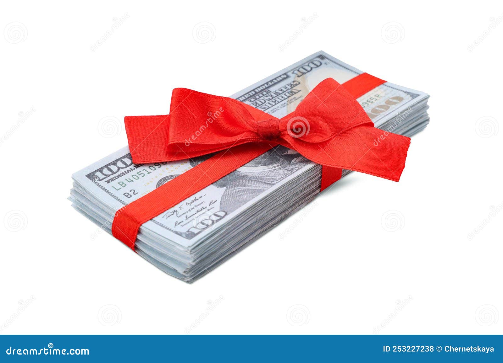 Stack of Dollar Banknotes with Red Ribbon Isolated on White Stock Photo ...