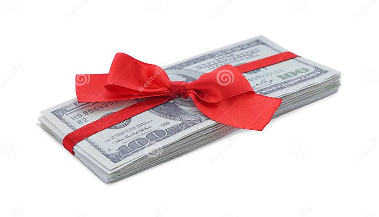 Stack of Dollar Banknotes with Red Ribbon Isolated on White Stock Image ...