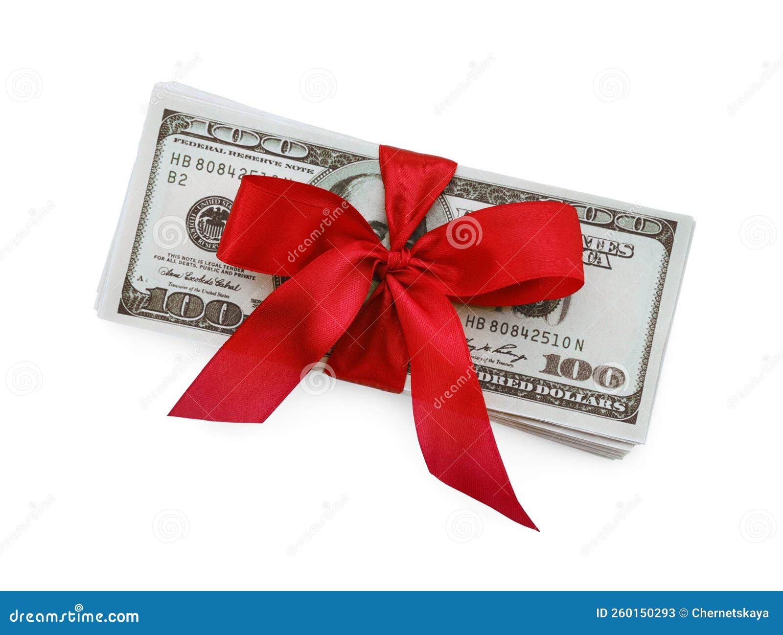 Stack of Dollar Banknotes with Red Ribbon Isolated on White, Top View ...