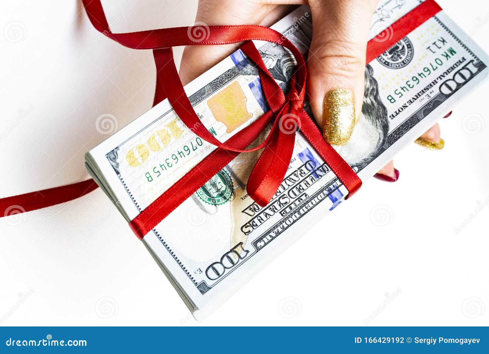 Stack of Dollar Bills Money Gift with Red Ribbon Stock Photo - Image of ...