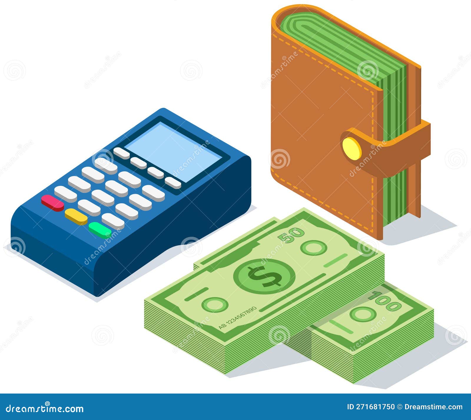 Stack of Dollar Bills and Wallet with Money. Pos Terminal, Device for ...