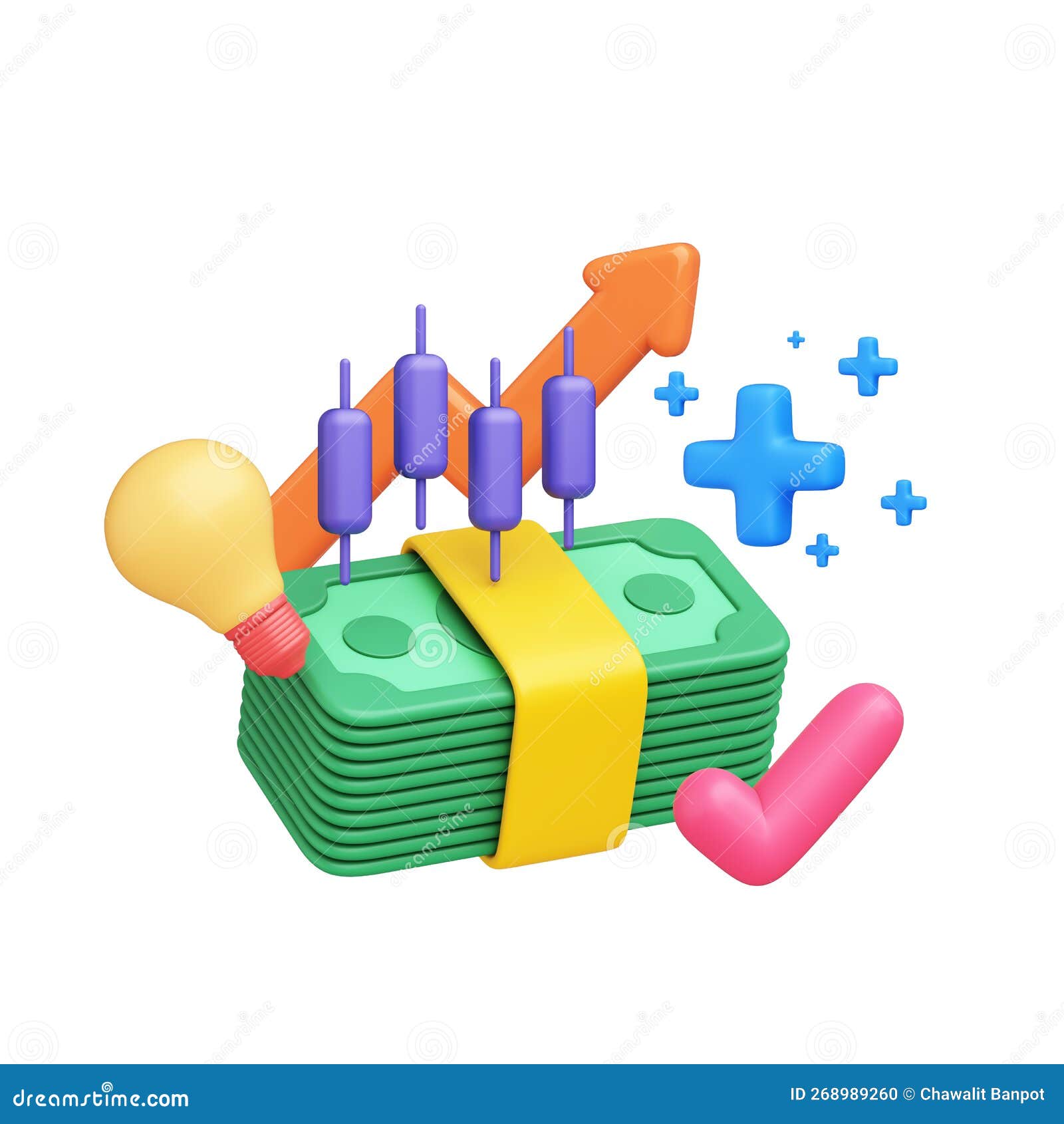 Stack of Dollar Objects with Arrow Graph, Indicator Graph Plus Sign and ...