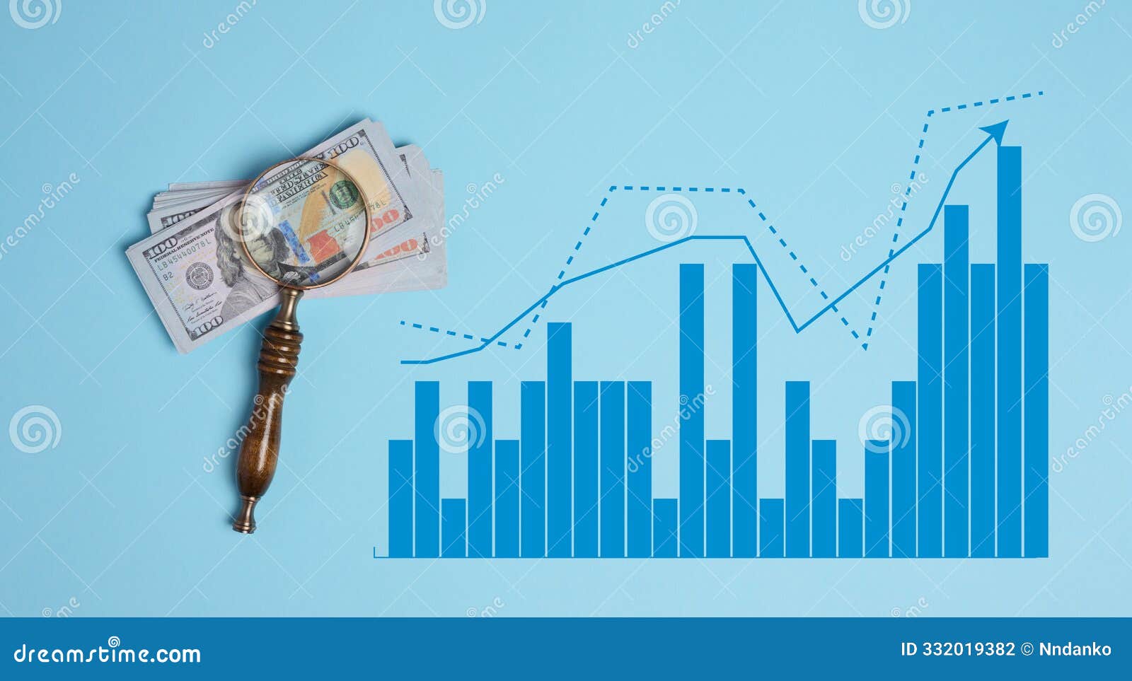 Stack of Dollars and Chart with Growing Indicators on Blue Background ...
