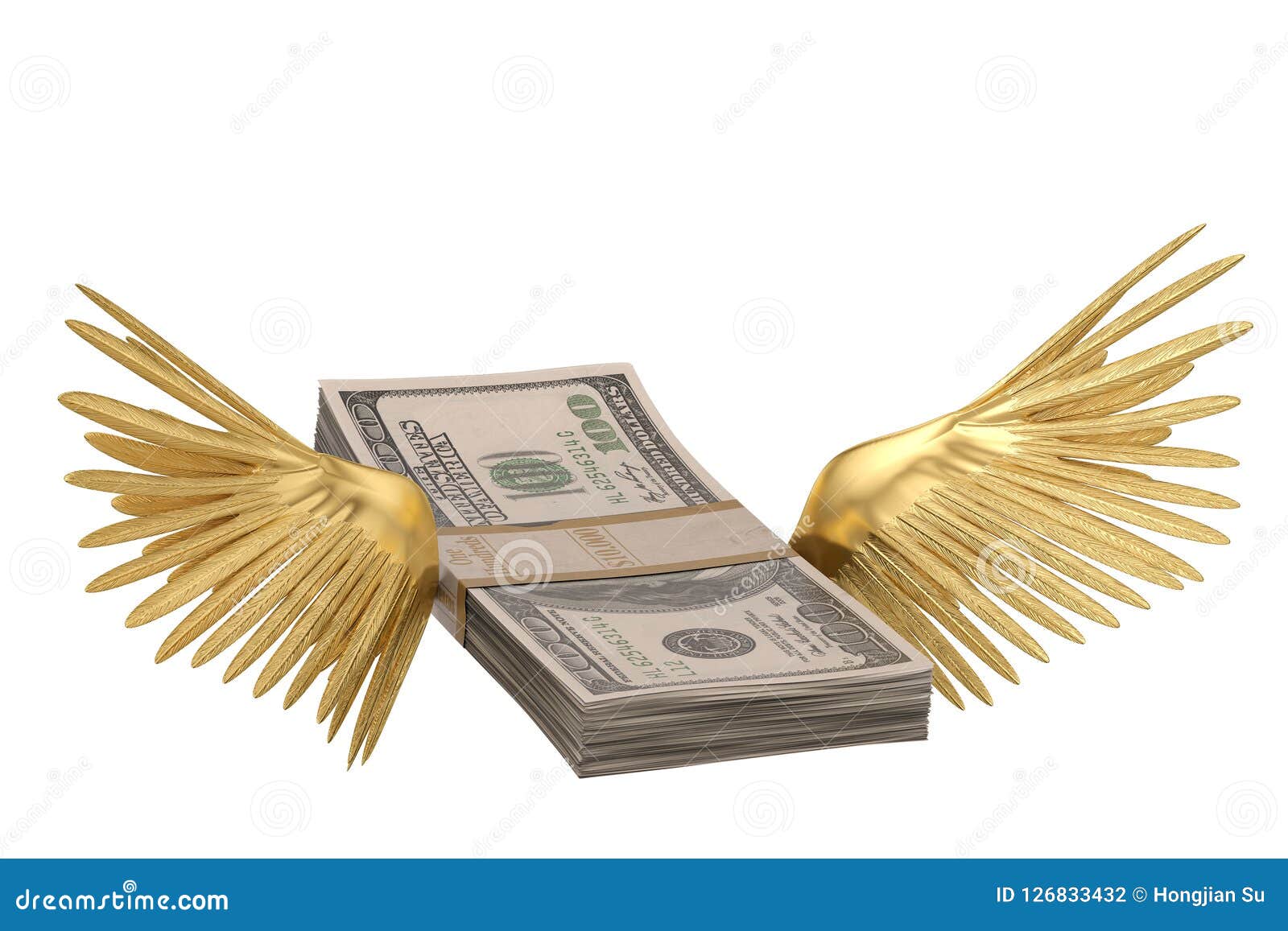 A Stack of Dollars with Gold Wings Isolated on White Background Stock ...