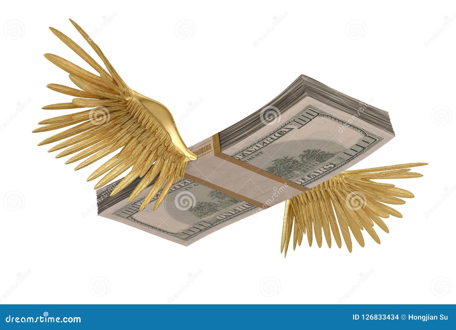 A Stack of Dollars with Gold Wings Isolated on White Background Stock ...