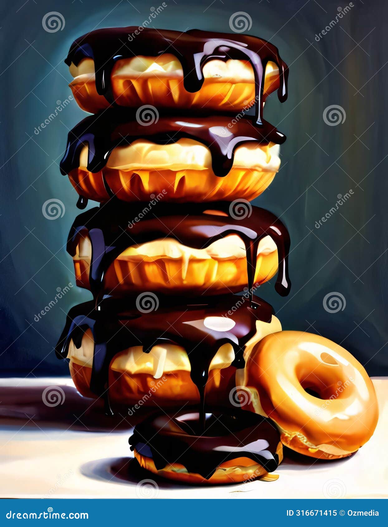 Stack of Donuts with Various Toppings and Fillings Dripping with Syrup ...