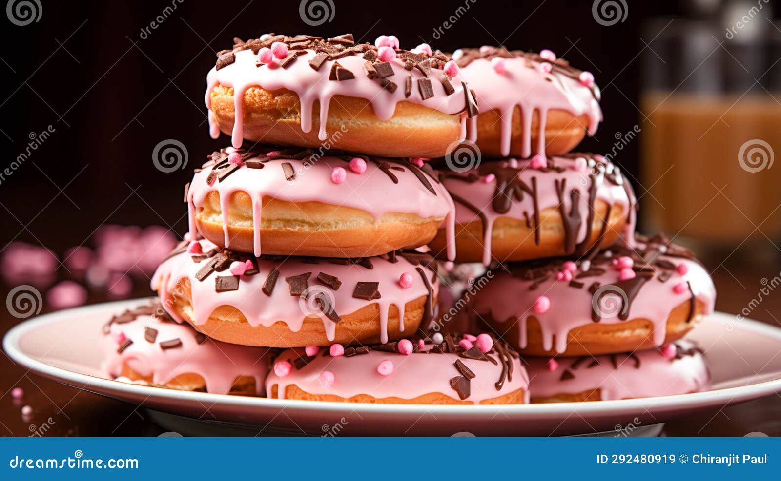 A Stack of Doughnuts with Chocolate Pink Color Background Stock Image ...