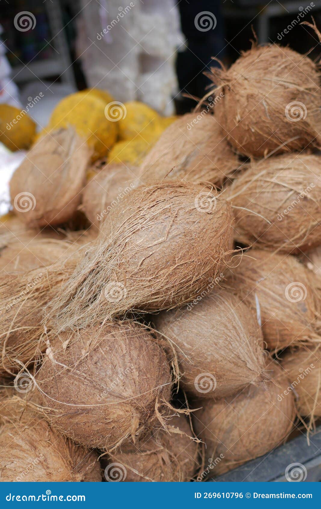 Stack of Dry Coconut Display for Sale Stock Photo - Image of open ...