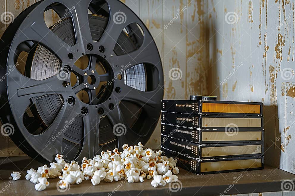 Stack of Dvds beside a Film Reel and Popcorn on a Shelf Stock Photo ...