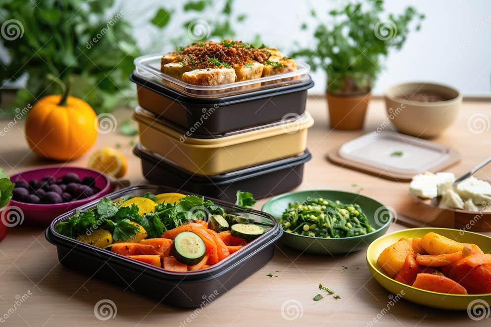Stack of Eco-friendly Meal Prep Containers with Vegan Dishes Stock ...