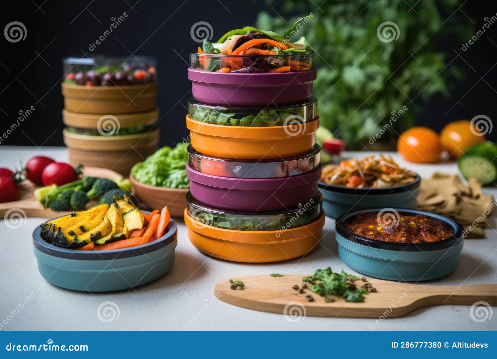 Stack of Eco-friendly Meal Prep Containers with Vegan Dishes Stock ...