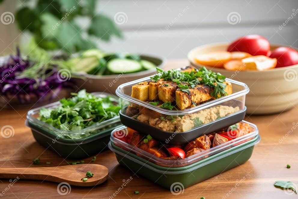 Stack of Eco-friendly Meal Prep Containers with Vegan Dishes Stock ...