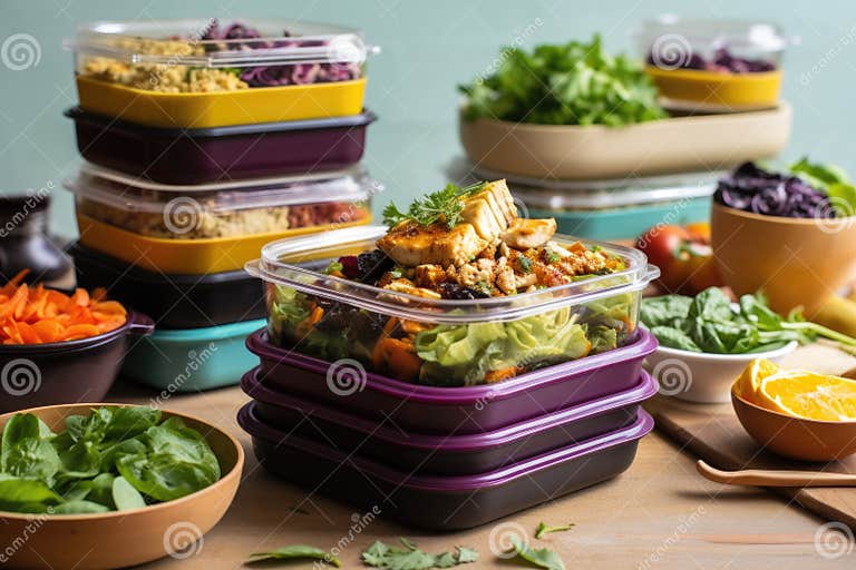 Stack of Eco-friendly Meal Prep Containers with Vegan Dishes Stock ...