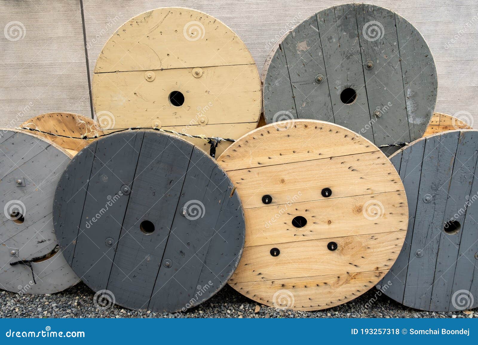 Stack of Empty Large Cable Rolls. Stock Photo - Image of grey, coil ...