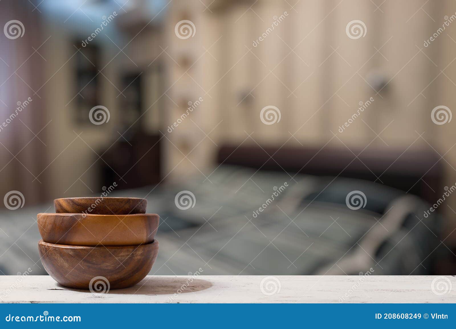 Stack of Empty Wooden Bowls on Table Stock Image - Image of blurred ...