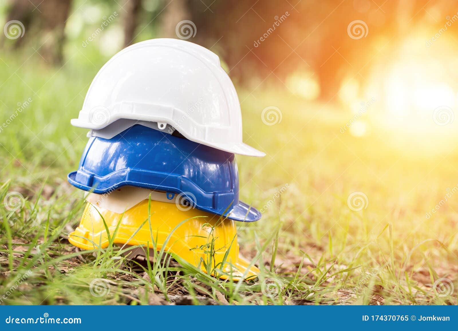 Stack of Engineer Safety Helmet Yellow Blue and White Stock Image ...